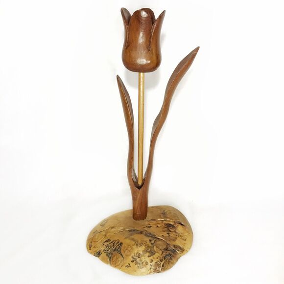 Handmade | Accents | Turned Wooden Tulip Sculpture Hand Carved Leaves ...